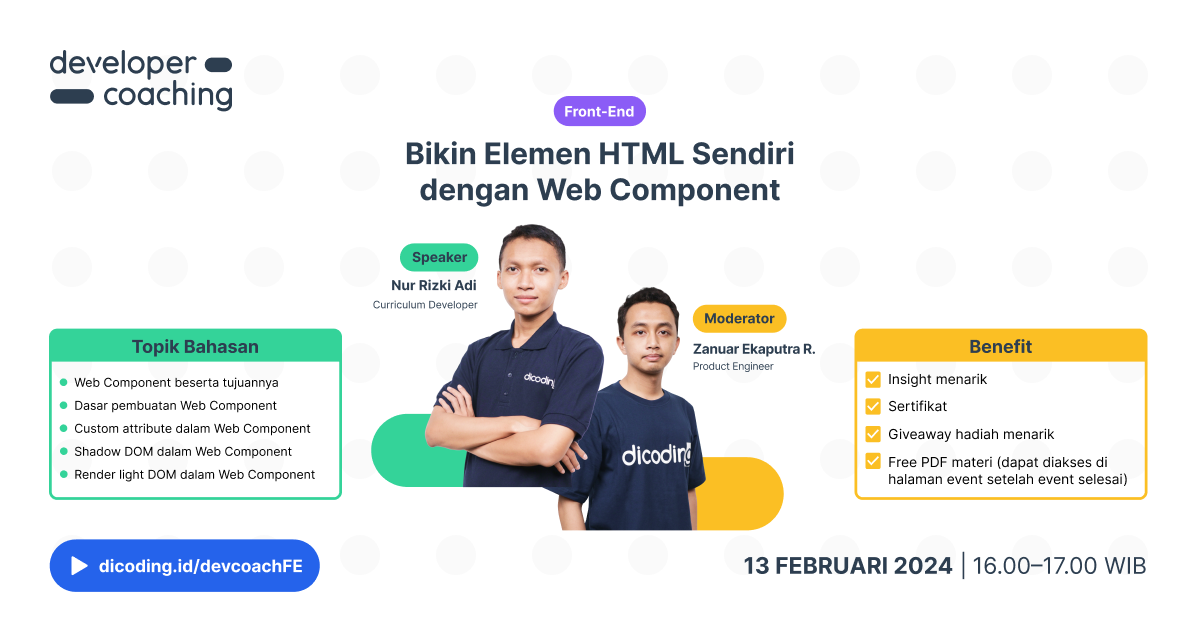 DevCoach 131 : Front-End | Bikin Elemen HTML Sendiri dengan Web Component - Dicoding Indonesia
