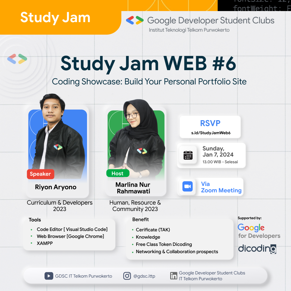 STUDY JAM WEB #6 - Coding Showcase: Building Your Personal Portfolio Site - Dicoding Indonesia